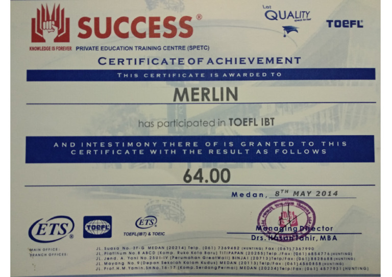 certificate toefl | PDF