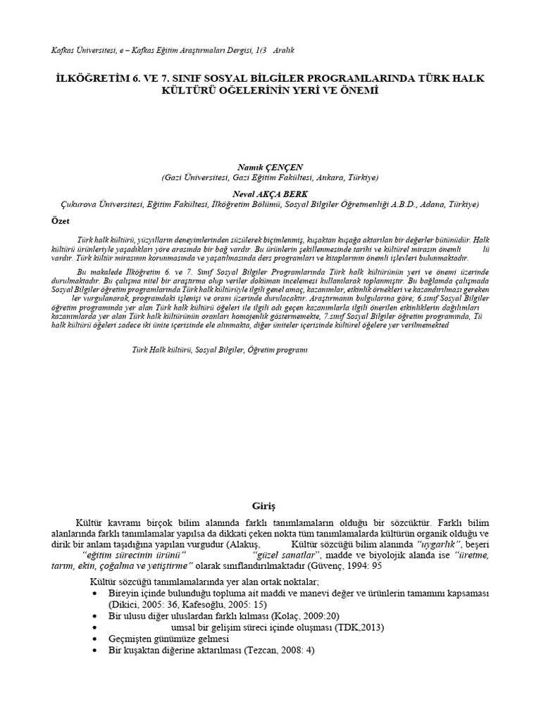 Lk Retim 6. Ve 7. S n f Sosyal Bilgiler Programlar Nda t Rk Halk k Lt r o Elerinin Yeri Ve Nemi ...