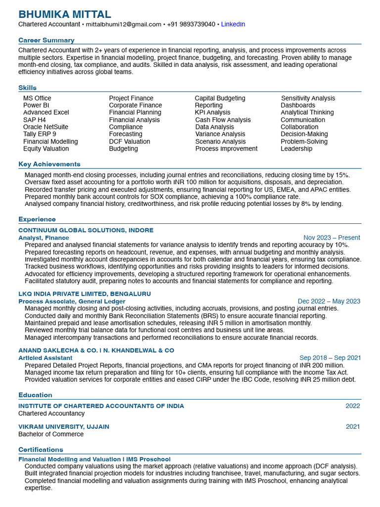Bhumika Mittal CV | PDF | Valuation (Finance) | Regulatory Compliance