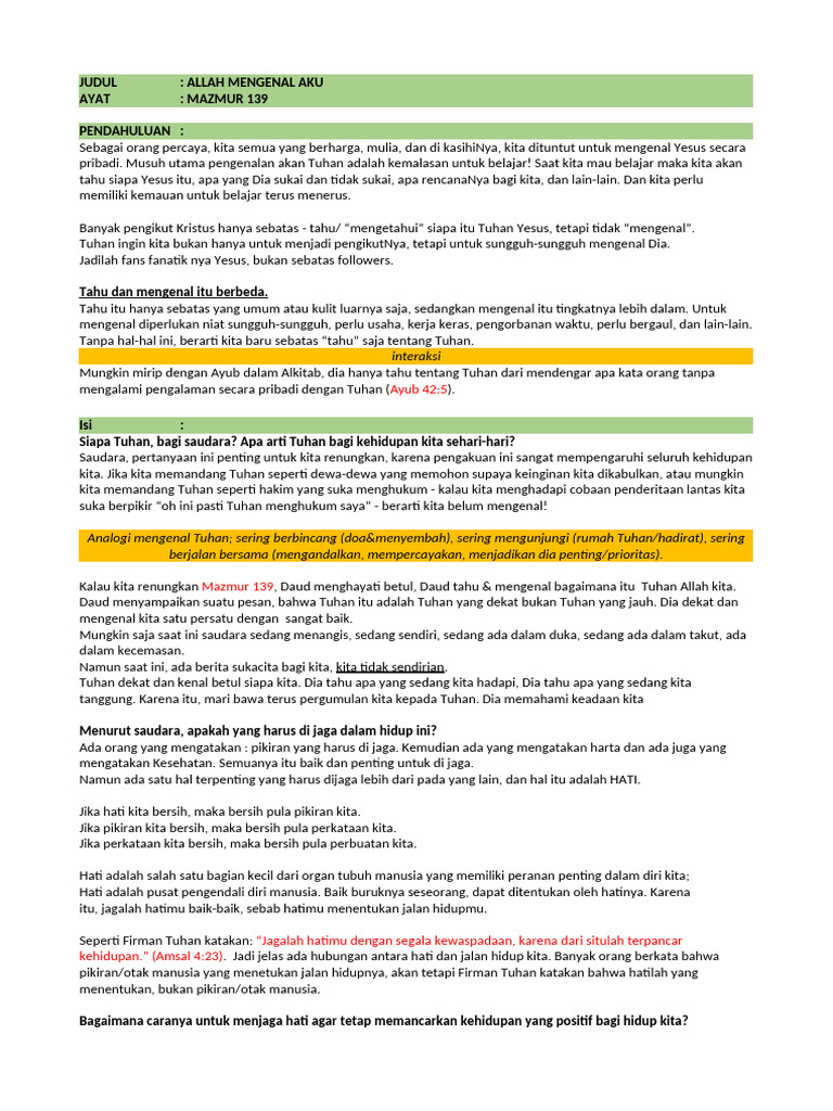 ALLAH MENGENAL AKU MAZMUR 139 | PDF