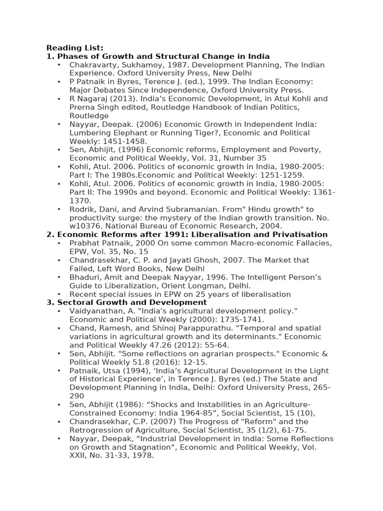 Indian Economics - Reading List | PDF | Economies