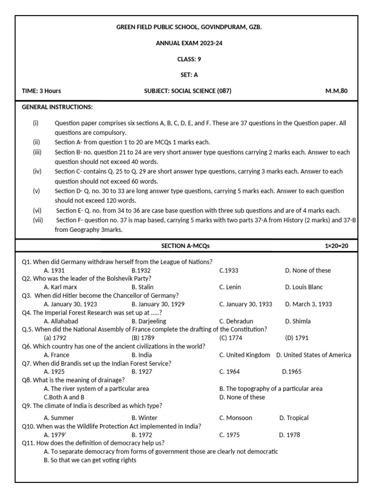 9 CLASS ANNUAL EXAM SET A 2023-24 | PDF