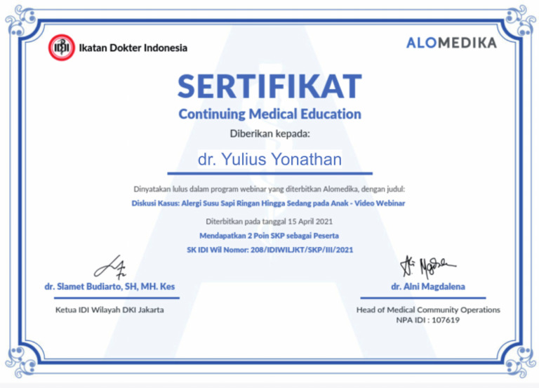 Certificate - Diskusi - Kasus - Alergi - Susu - Sapi - Ringan - Hingga - Sedang - Pada - Anak 2 ...
