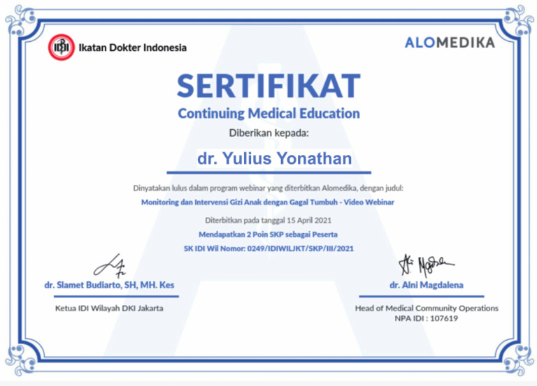 Certificate Monitoring Dan Intervensi Gizi Anak Dengan Gagal Tumbuh | PDF