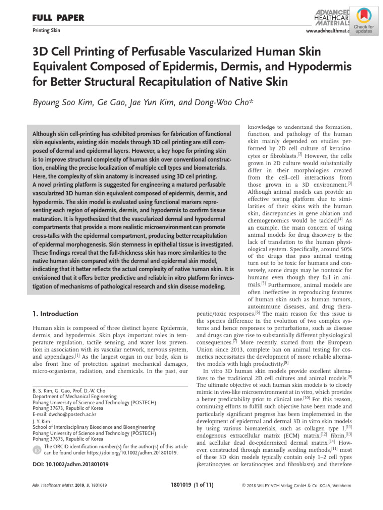 3D Cell Printing of Perfusable Vascularized Human Skin-2019 | PDF ...