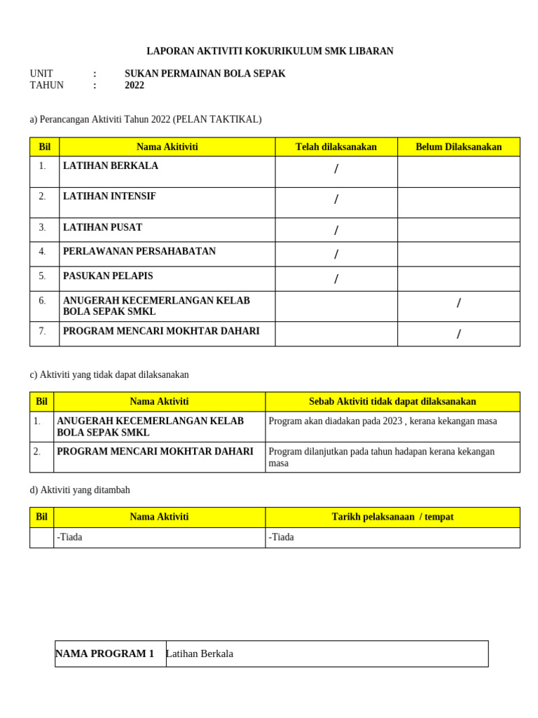 Laporan Akhir Tahun Bola Sepak | PDF