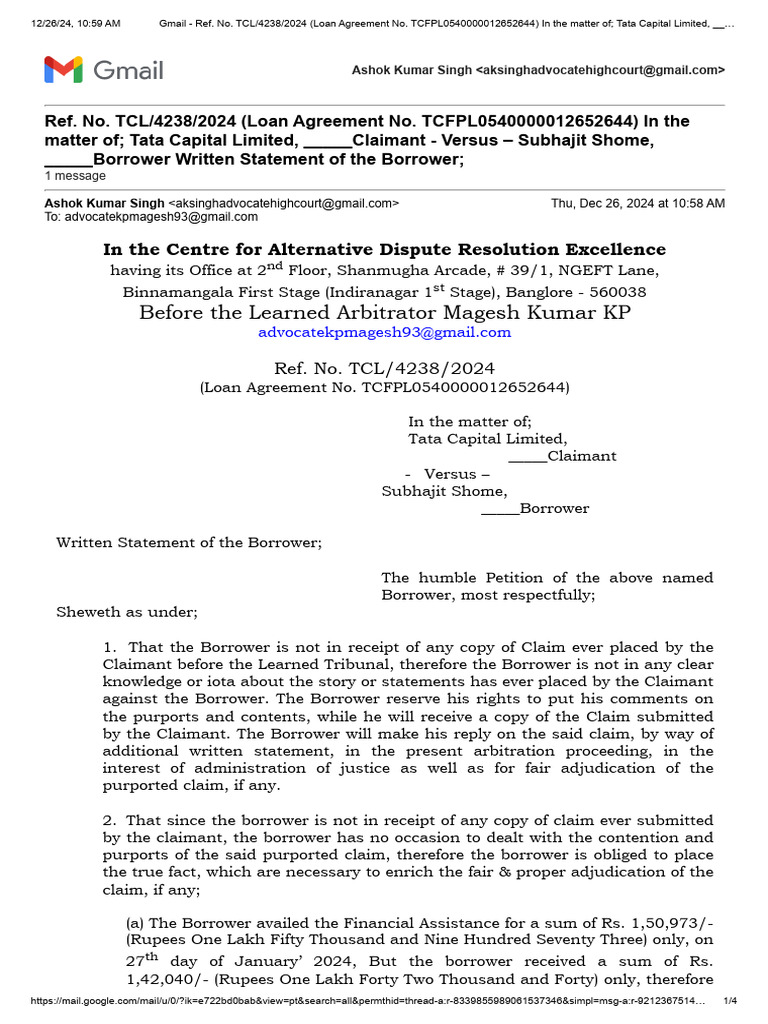 Before The Learned Arbitrator Magesh Kumar KP: in The Centre For ...