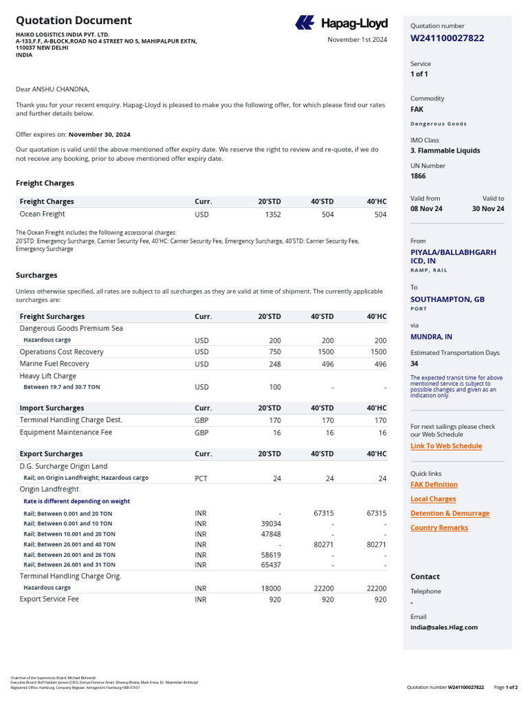 Quotation w241100027822 Inbfr Gbsou | PDF | Cargo | Dangerous Goods