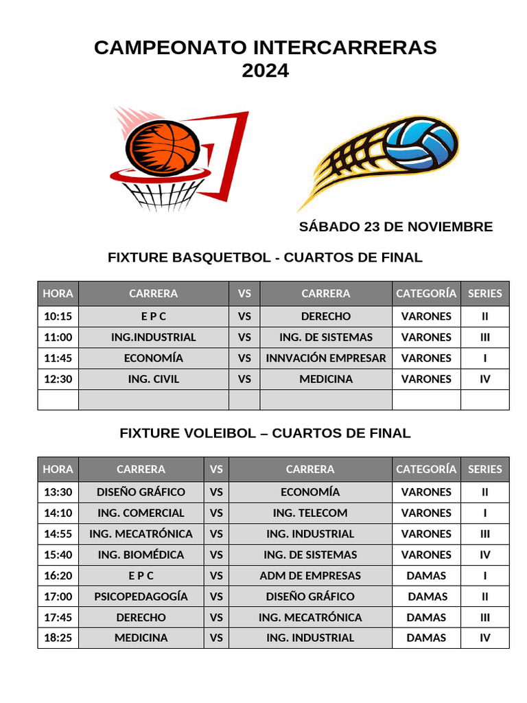 Fixture Basquetbol Voleibol 2024 Cuartos de Final | PDF