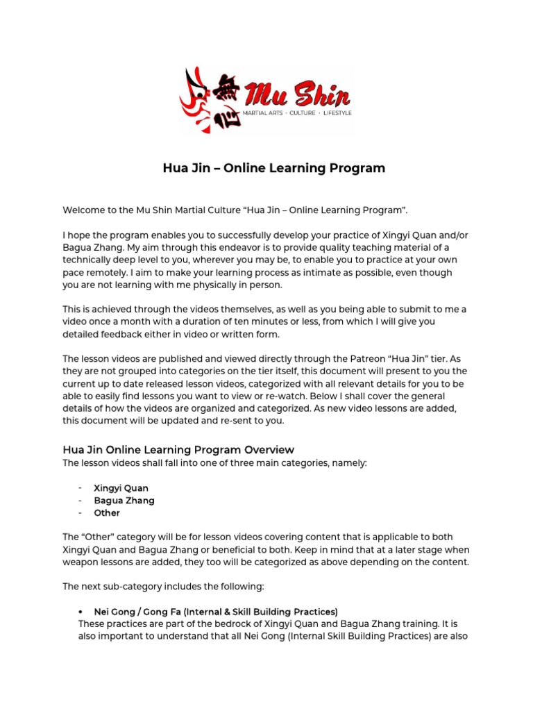 Mu Shin Martial Culture - Hua Jin 'Online Learning Program' Document v1 ...