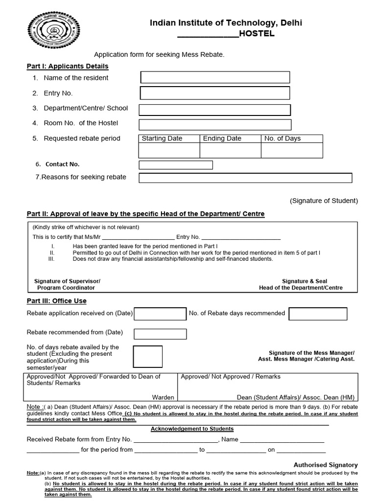 IIT Delhi Mess Rebate Application Form | PDF