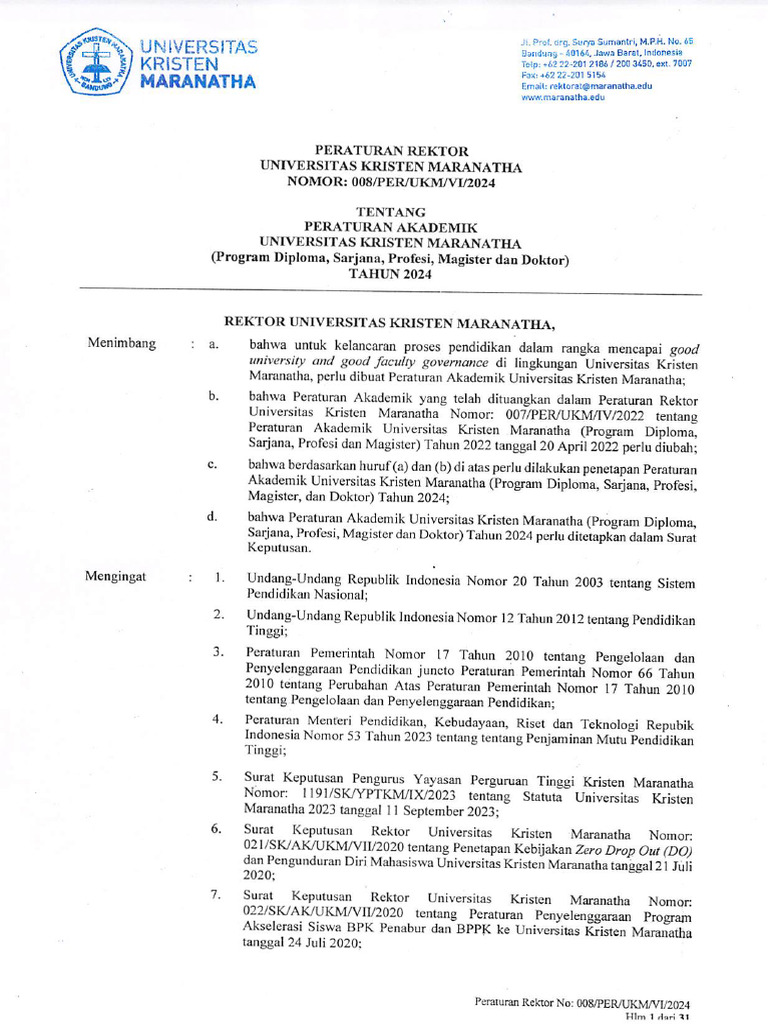 Peraturan Rektor No. 008 PER UKM VI 2024 Peraturan Akademik Universitas ...
