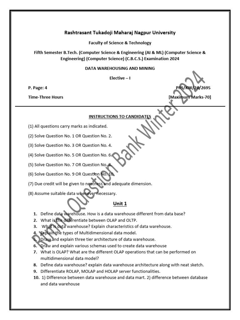 DWM Question Bank Winter 2024 | PDF | Data Warehouse | Cluster Analysis