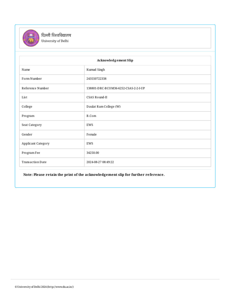 Acknowledgment Slip for B.Com Admission | PDF