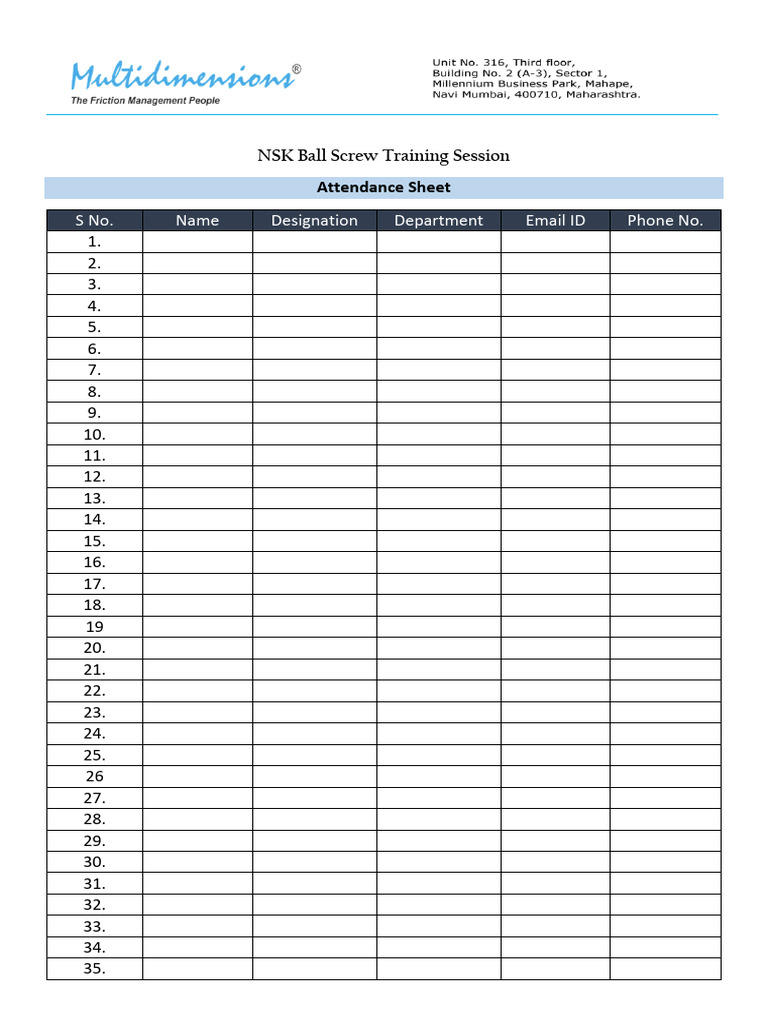NSK Ball Screw Training Session Attendance Sheet | PDF
