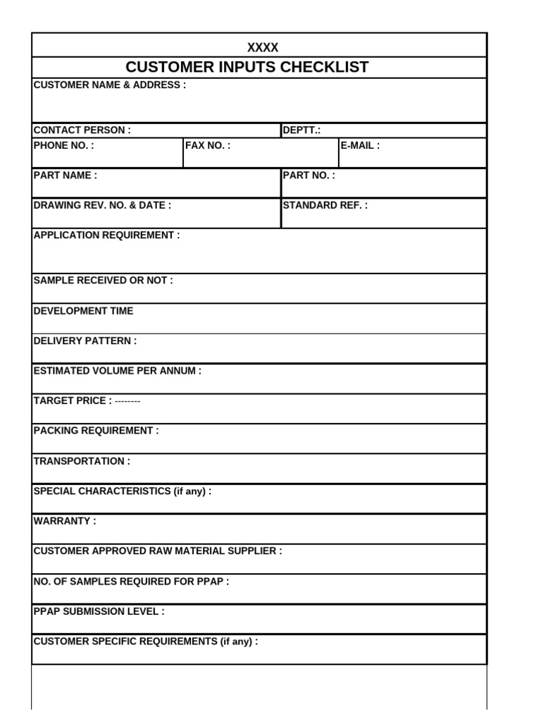 Customer Inputs Checklist Template | PDF