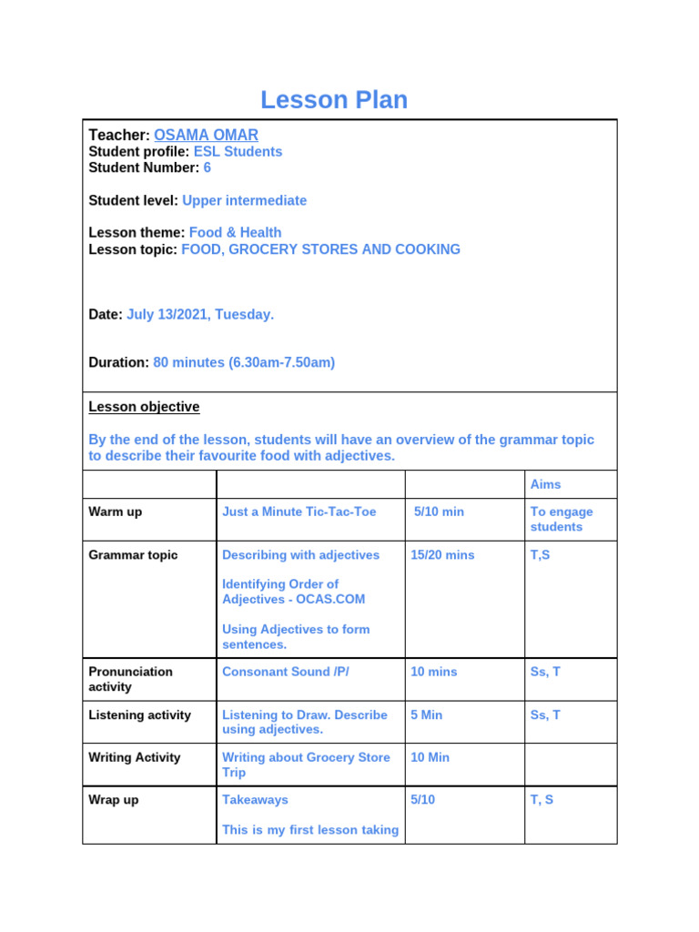 Jul 13, Lesson Plan #1 by Teacher Osama | PDF