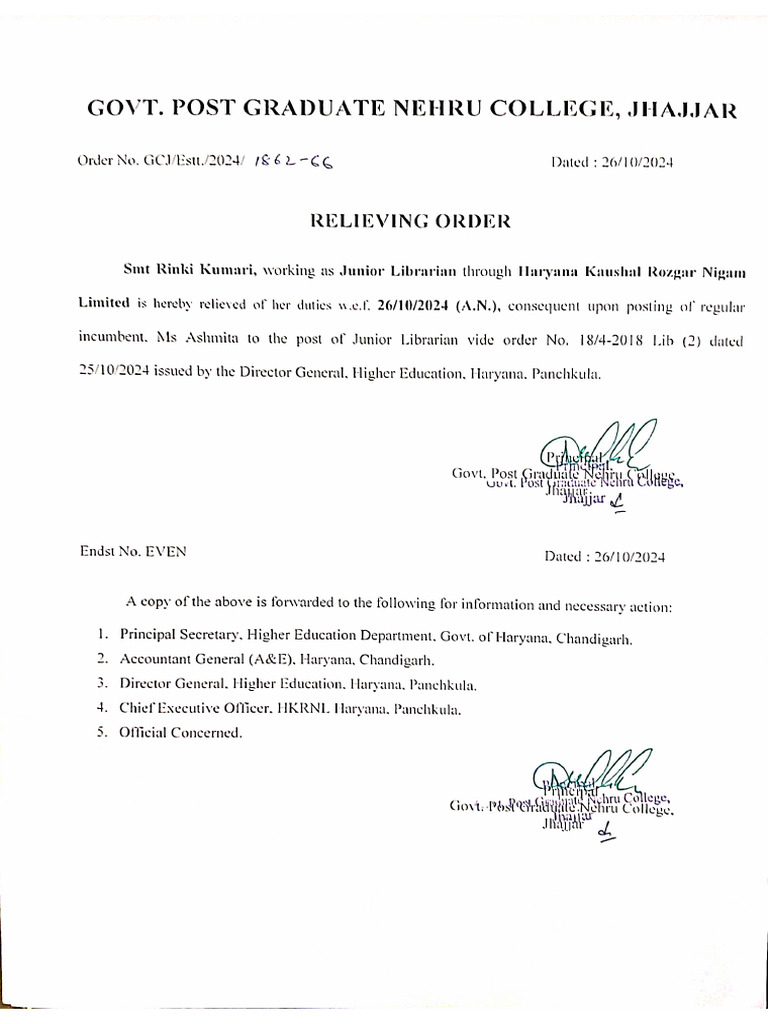 Relieving Order SMT Rinki Kumari | PDF