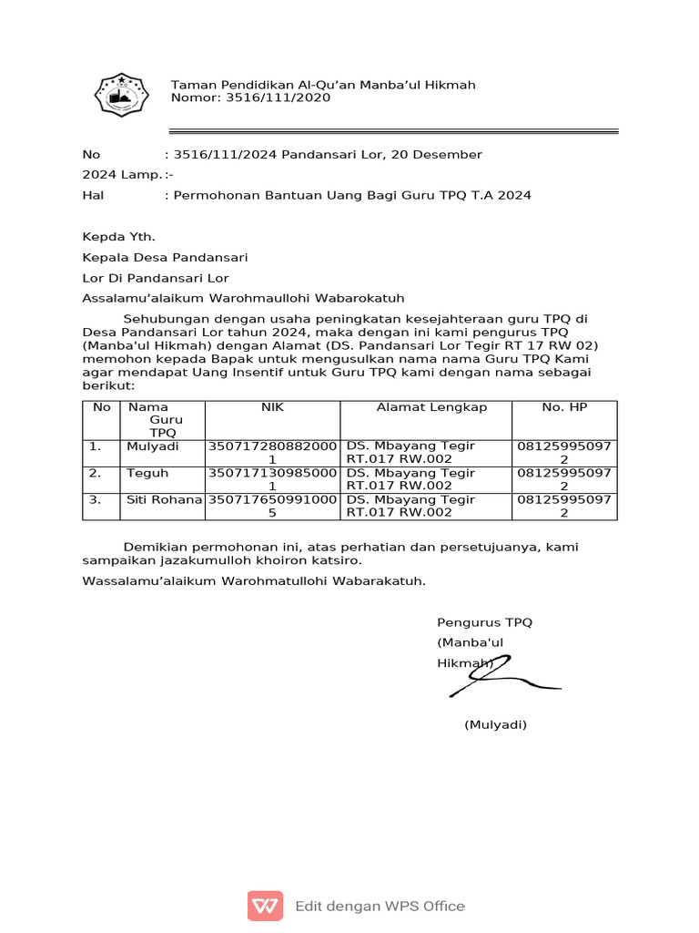 Pengajuan TPQ dan Surat pernyataaan TPQ nuh | PDF