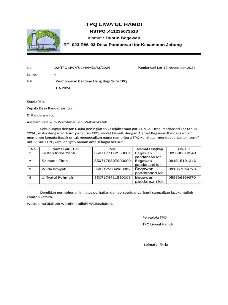 Pengajuan TPQ Dan Surat Pernyataaan TPQ Liwaul Hamdi | PDF