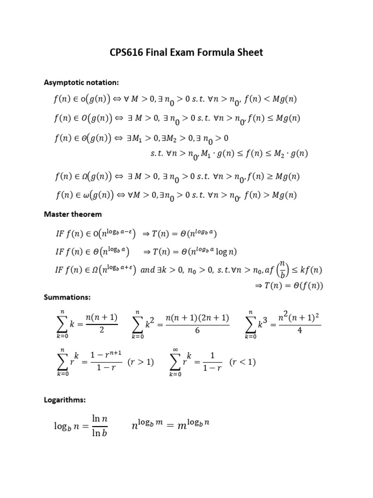 CPS616 Exam Formula Sheet | PDF