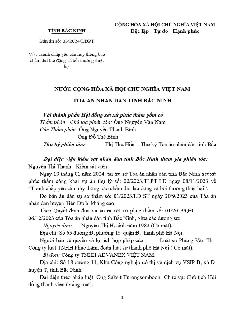 Bac Ninh - Bapt 03.2024 TC Yeu Cau Huy Thong Bao Cham Dut HDLD Và Boi Thuong Thiet Hai | PDF