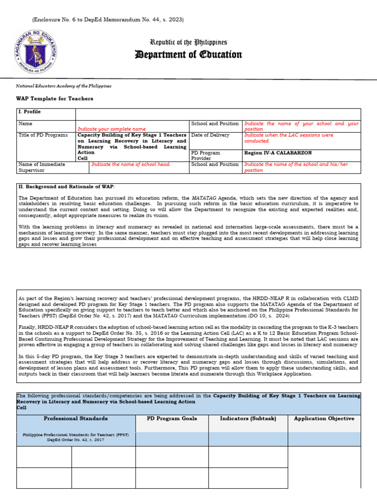 Level 3 - Sample WAP For Teachers | PDF | Teachers | Literacy