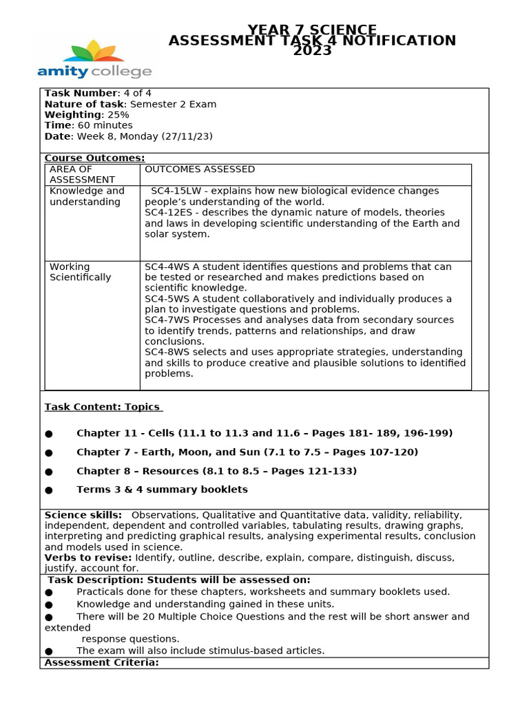 Y7 Science Task 4 Notification 2023 | PDF | Science | Educational Assessment