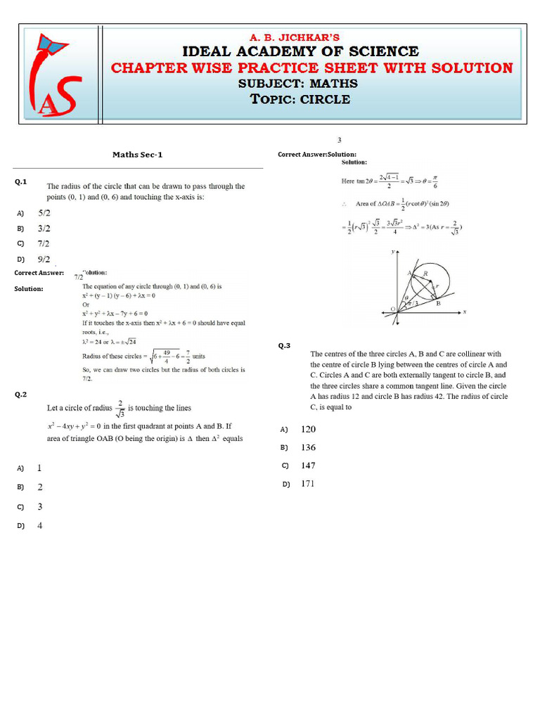 Circle 1 Ideal Sheet (JEE) | PDF | Circle | Elementary Mathematics