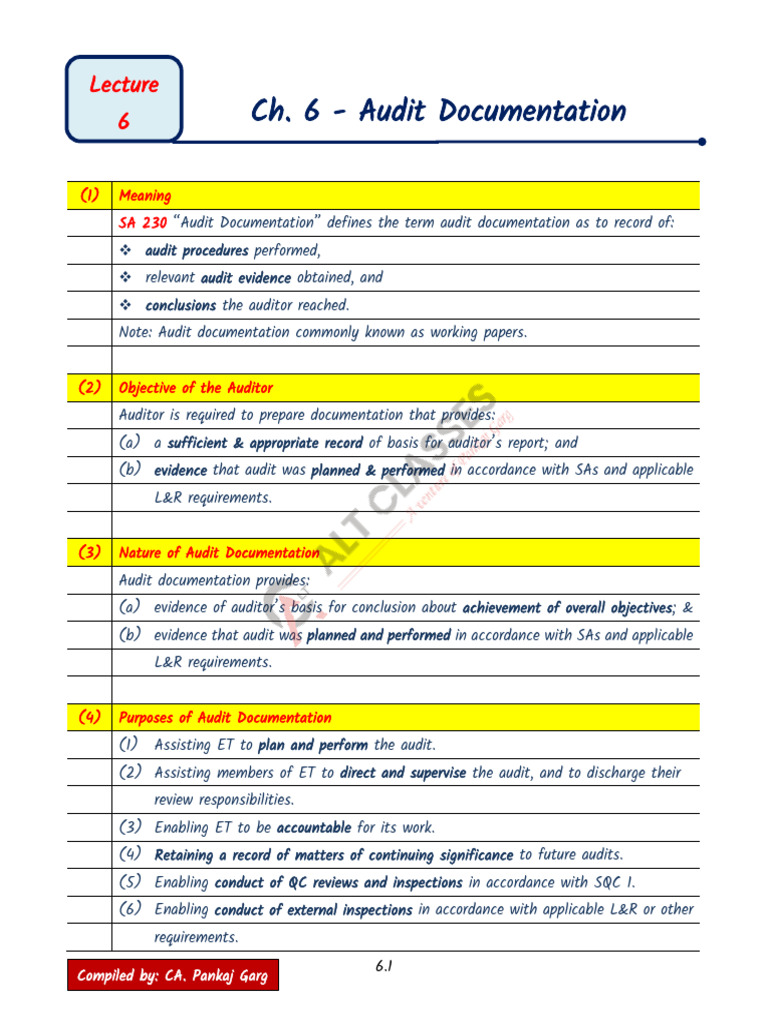 Lecture 6 - Audit Documentation (Ch. 6) | PDF | Audit | Auditor's Report