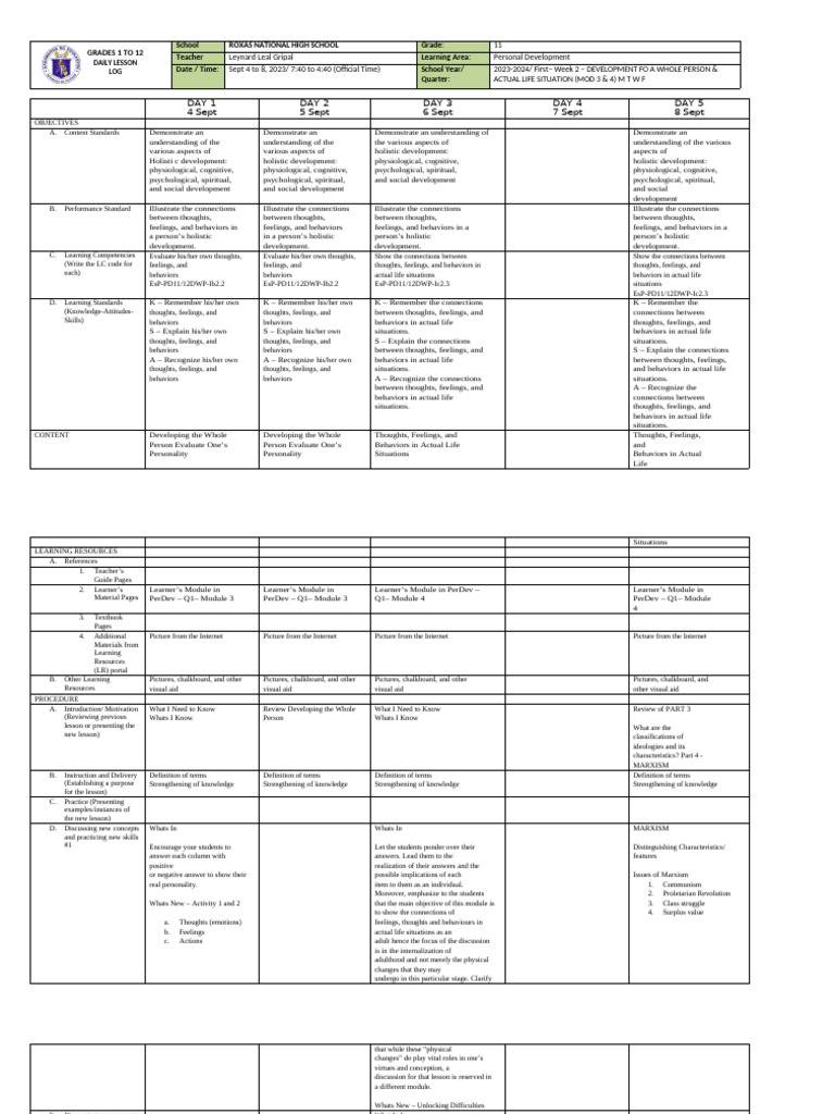 Daily Lesson Plan Perdev Week2 | PDF | Thought | Learning