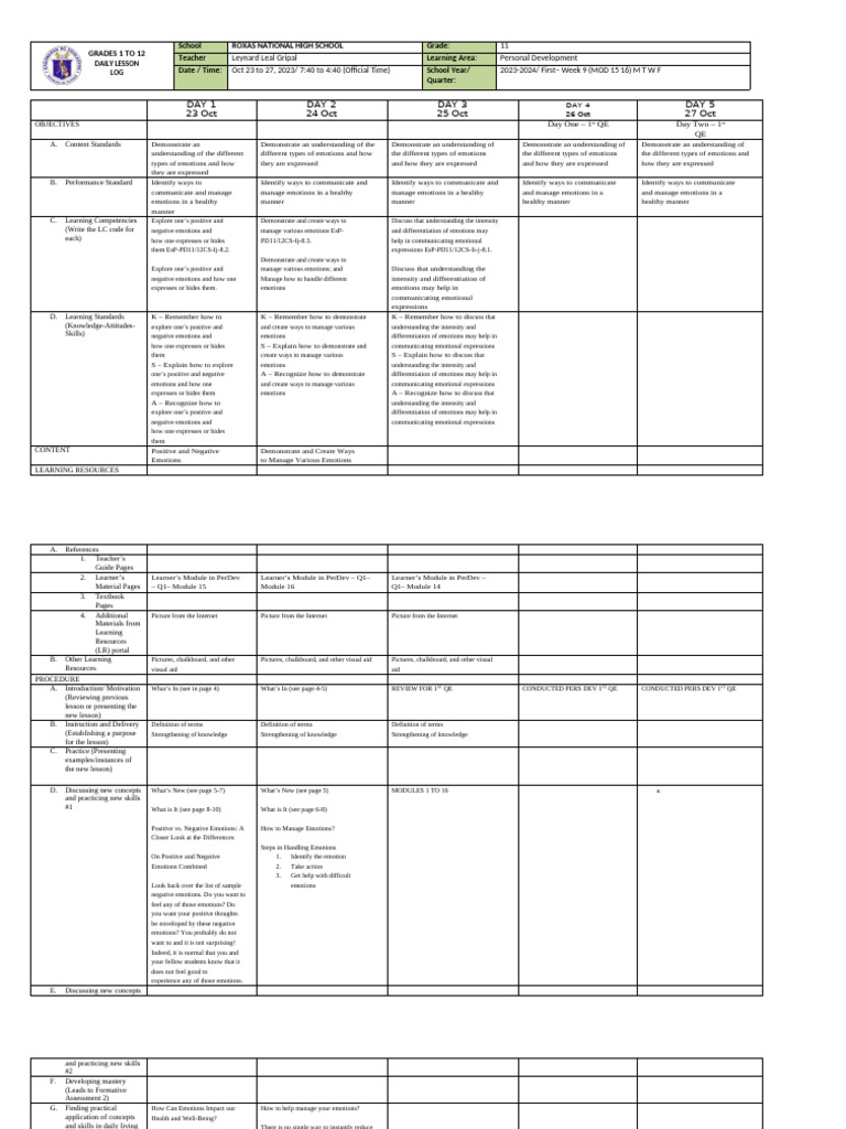 DAILY LESSON PLAN PerDev - Week9 | PDF | Learning | Psychology
