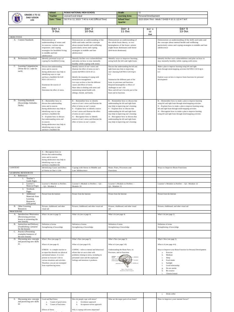 DAILY LESSON PLAN PerDev - Week7 | PDF | Stress (Biology) | Learning
