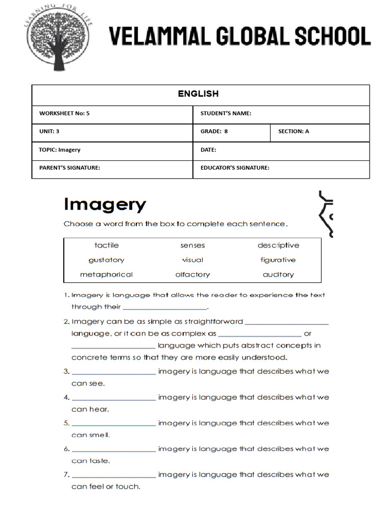 Grade 8 Imagery Worksheet 5 | PDF