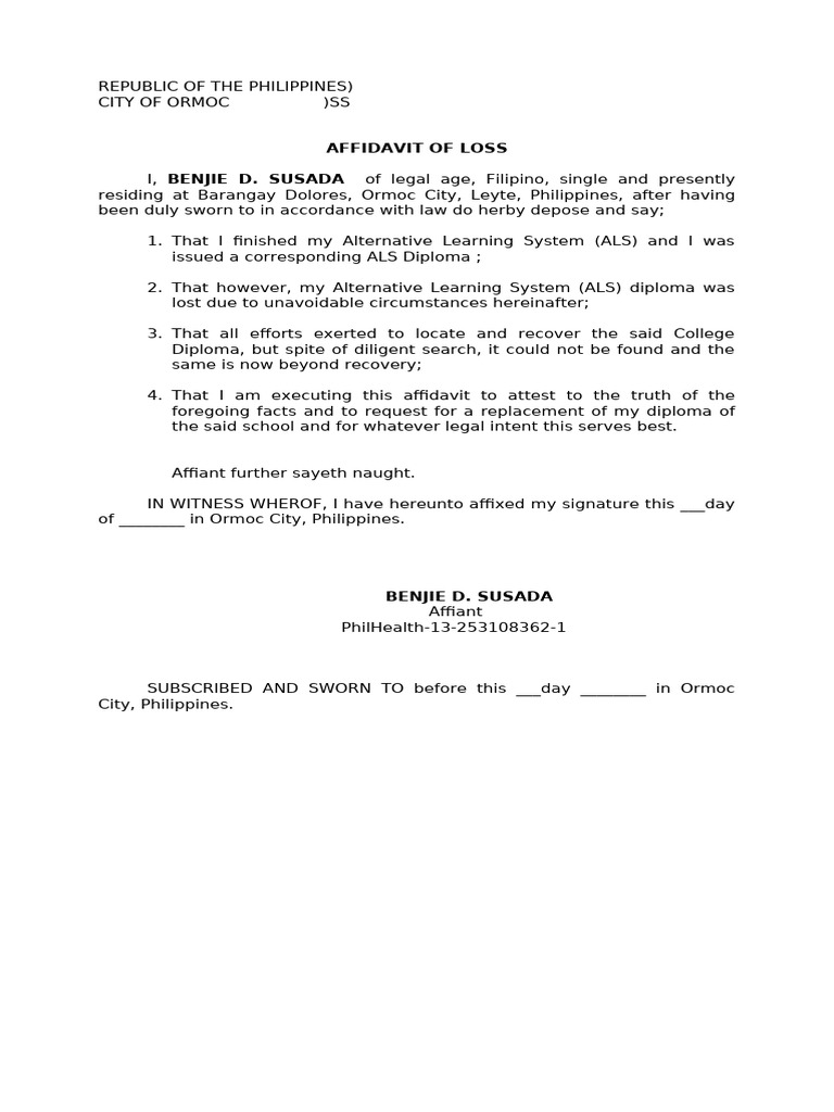 Affidavit of Loss Diploma | PDF