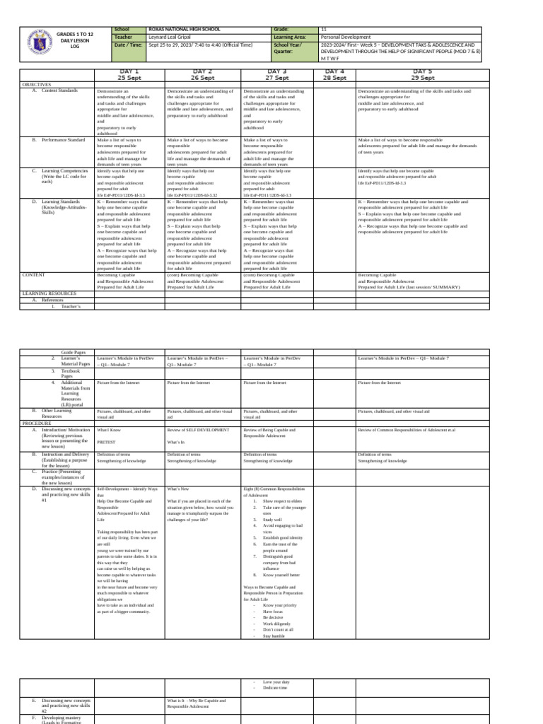 Daily Lesson Plan Perdev - Week5 v1 | PDF | Learning | Adolescence
