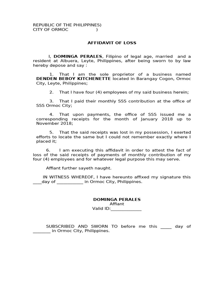 affidavit of loss(sss reciept) | PDF