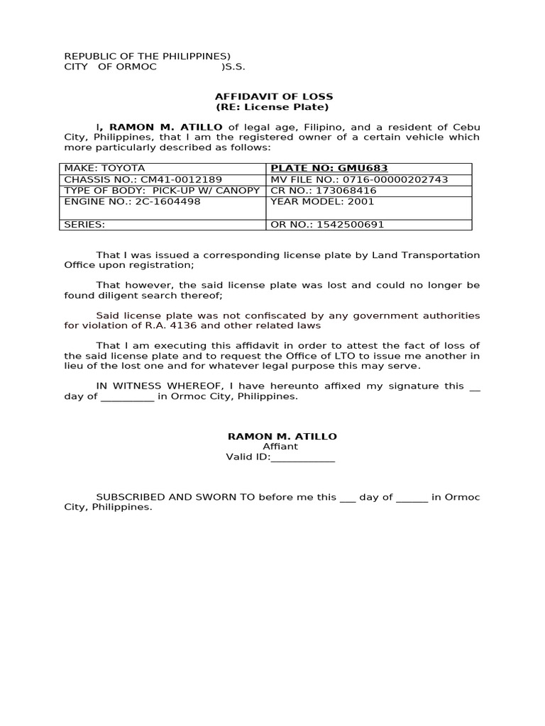 Affidavit of Loss: License Plate | PDF