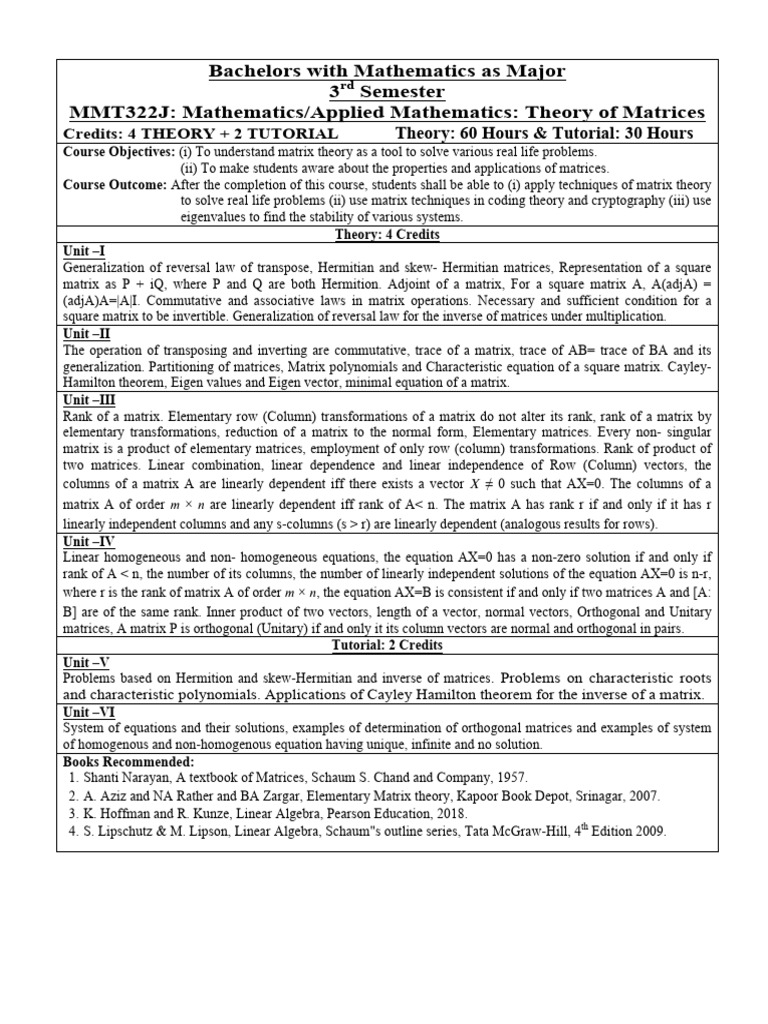 Bachelors With Mathematics As Major 3 Semester MMT322J: Mathematics/Applied Mathematics: Theory ...