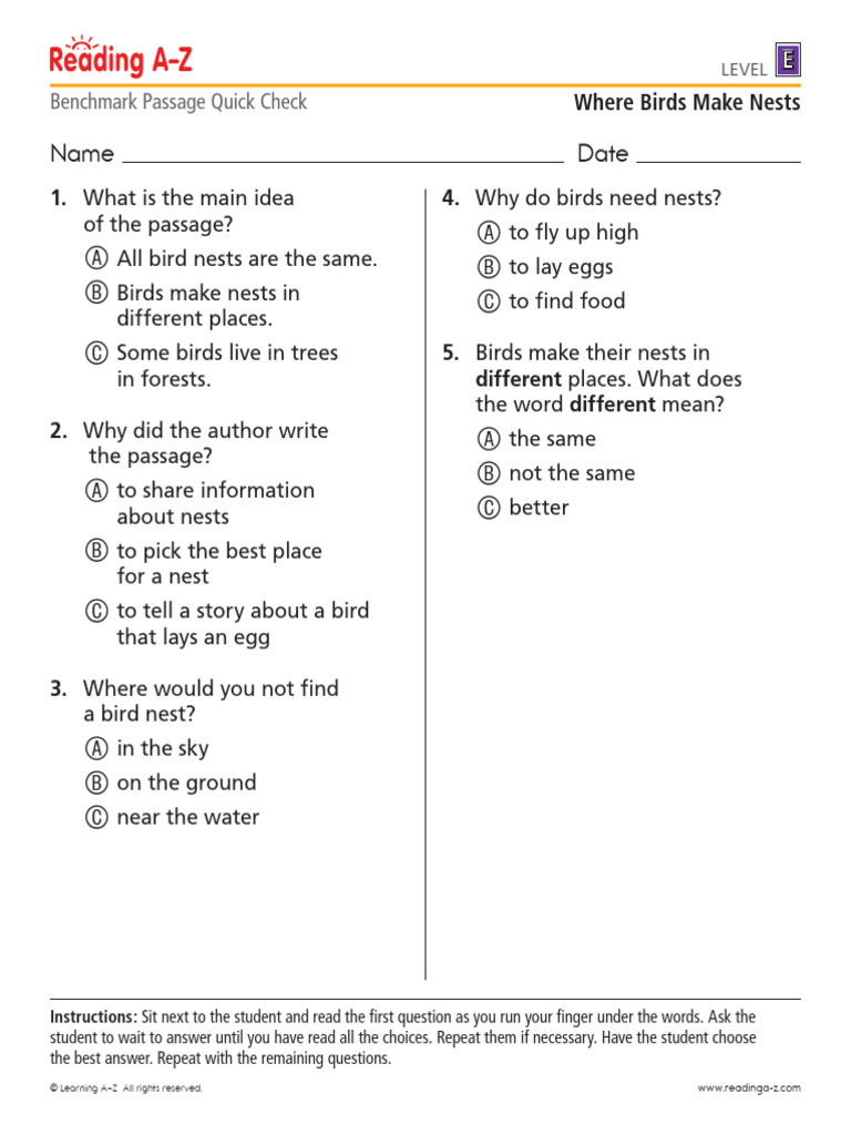 Where Birds Make Nests LVL e Quiz | PDF | Nest | Birds