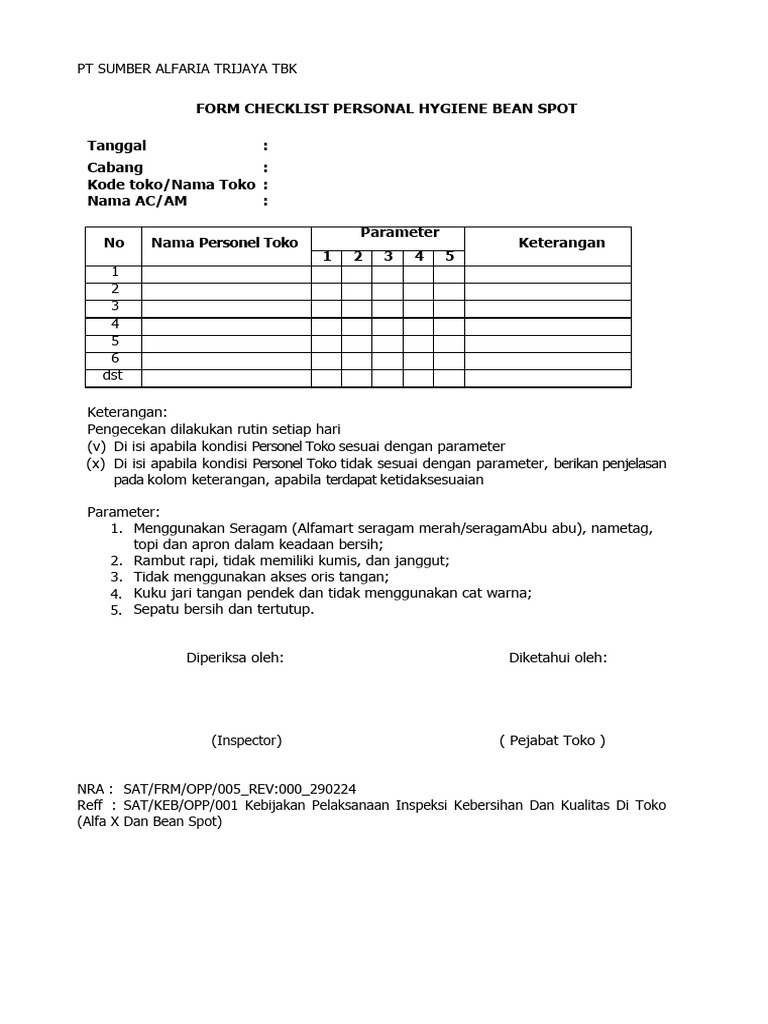 Form Checklist Personal Hygiene Beanspot | PDF