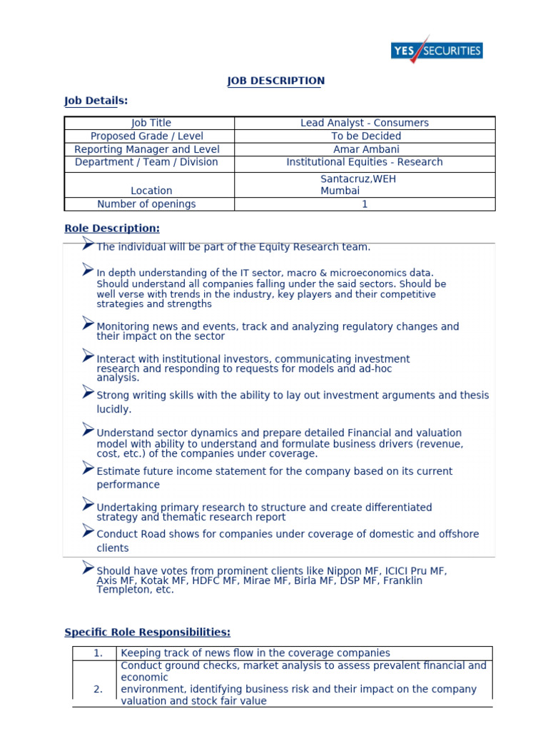 Jd Yes Securities Lead Analyst It | PDF | Financial Analyst | Financial Economics