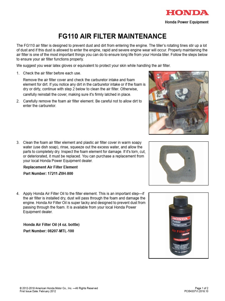 Honda FG110 AIR FILTER MAINTENANCE - Pci54337pdf | PDF