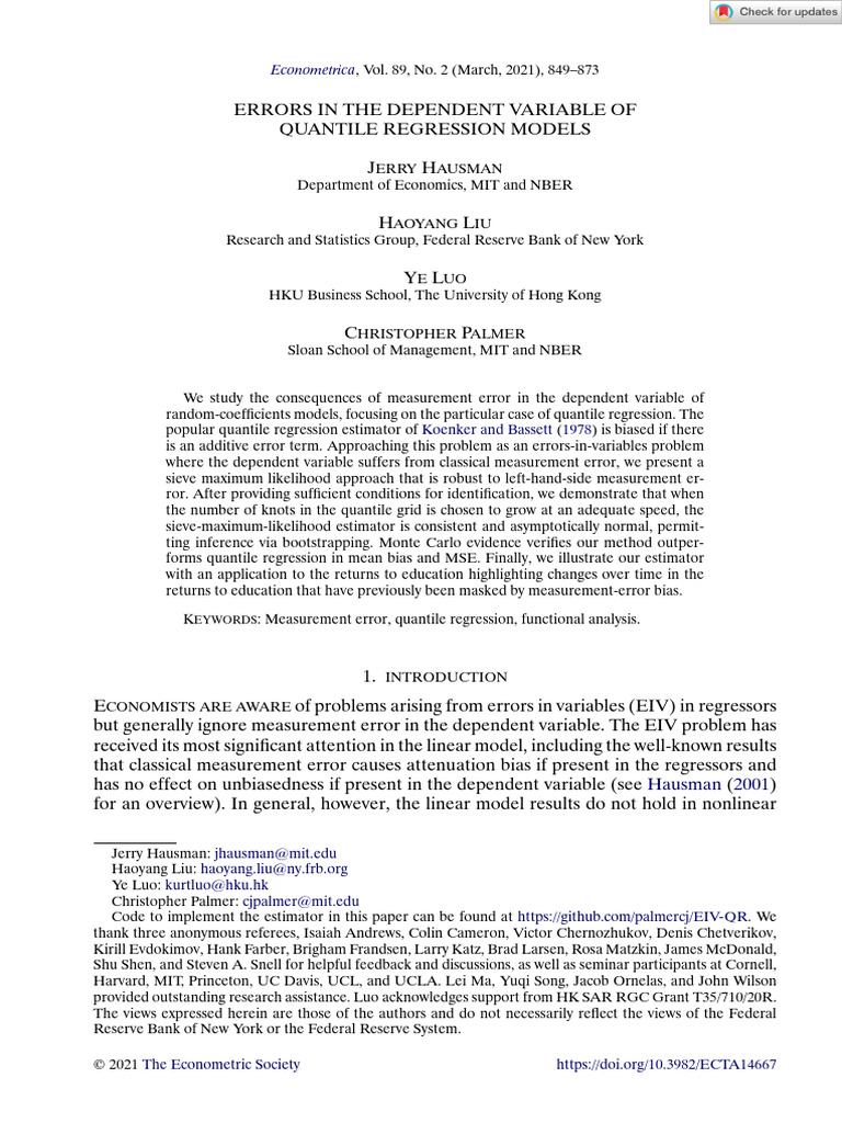 Econometrica - 2021 - Hausman - Errors in The Dependent Variable of Quantile Regression Models ...