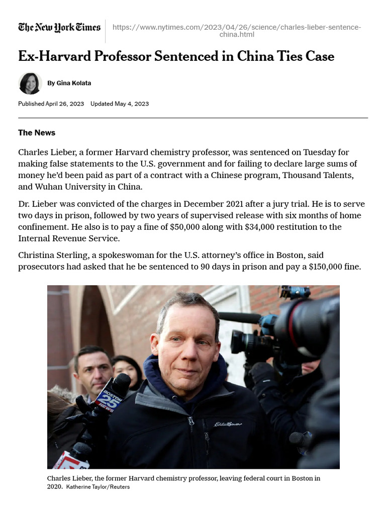 Charles Lieber, Ex-Harvard Professor, Sentenced in China Ties Case ...
