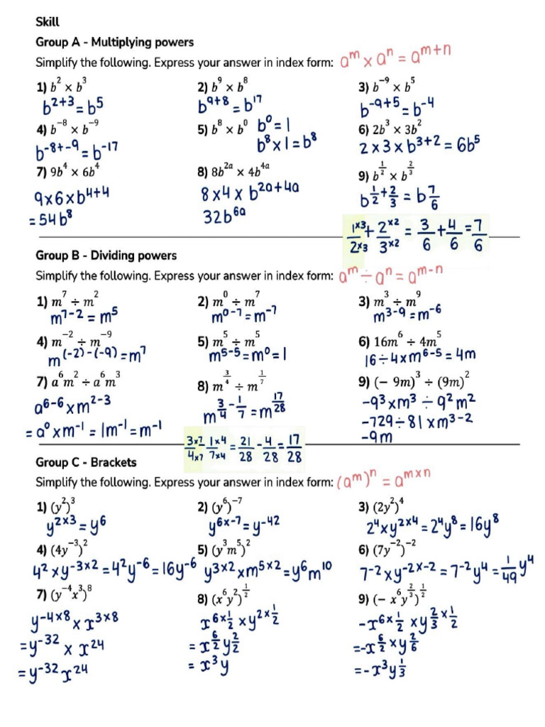 Law of Indices Worksheet | PDF