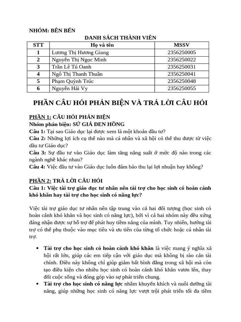 Cau Hoi Phan Bien Va Tra Loi Cau Hoi Nhom Ben Ben | PDF