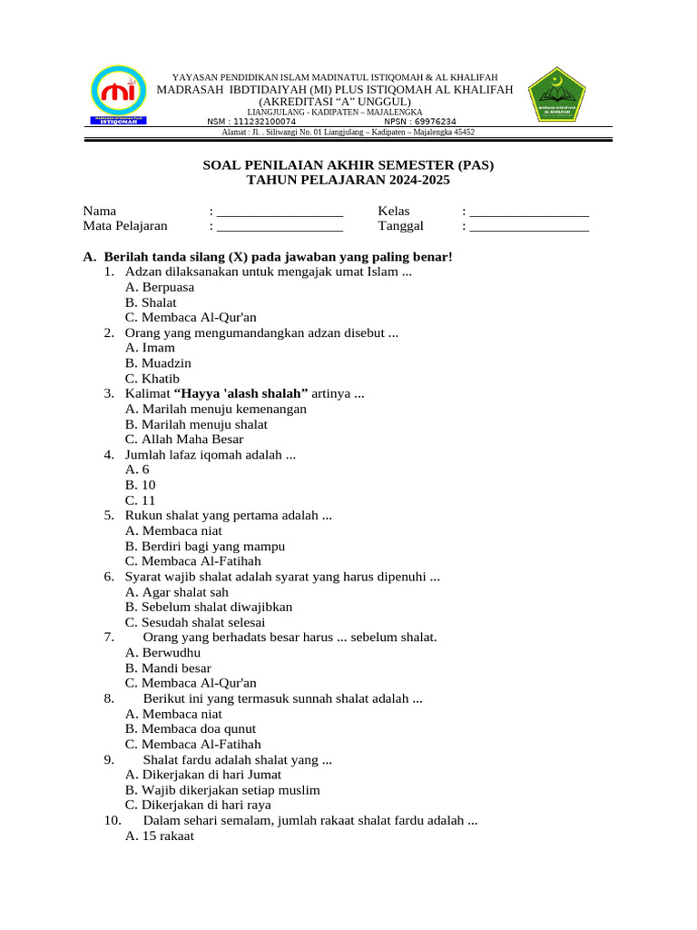 Soal PAS Fiqih Kelas 2 MI | PDF