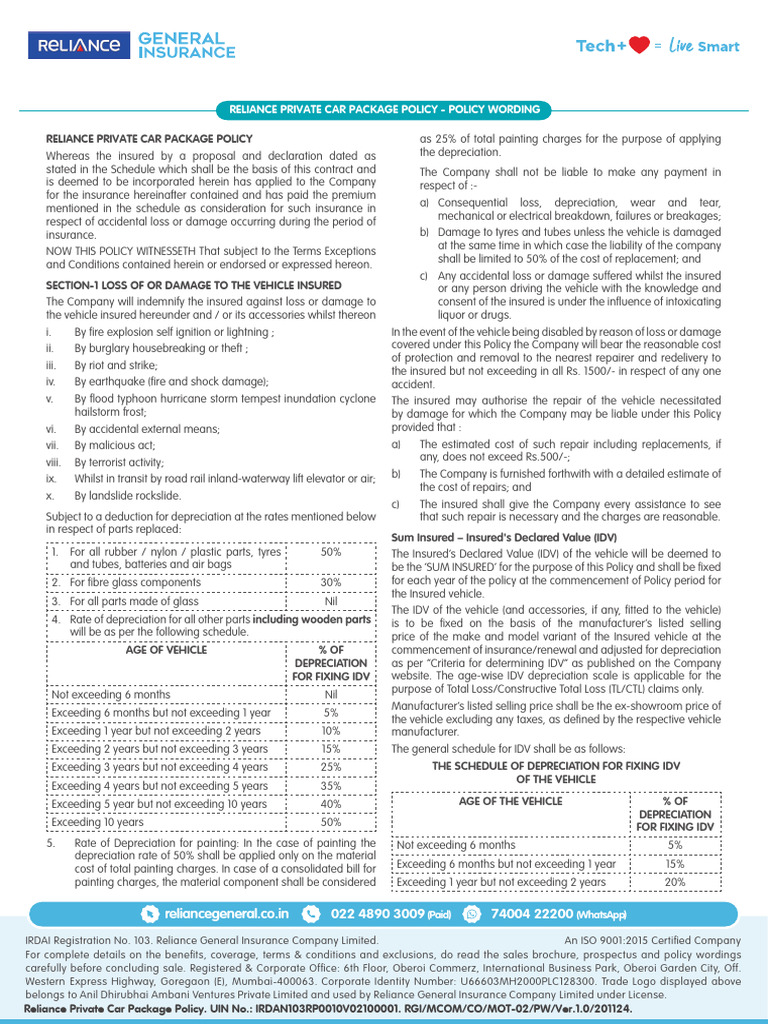 Reliance Private Car Package Policy Wording | PDF | Liability Insurance ...