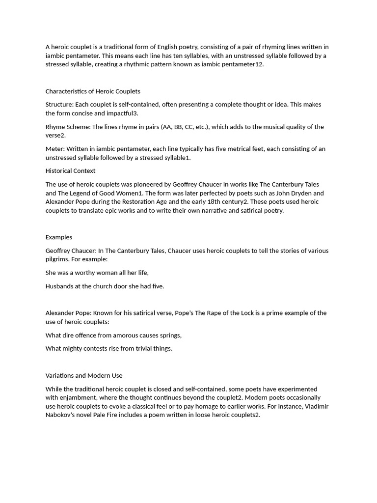 A Heroic Couplet is a Traditional Form of English Poetry | PDF